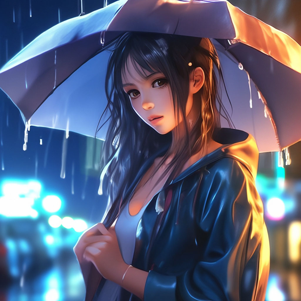 Anime girl rain midnight 4k