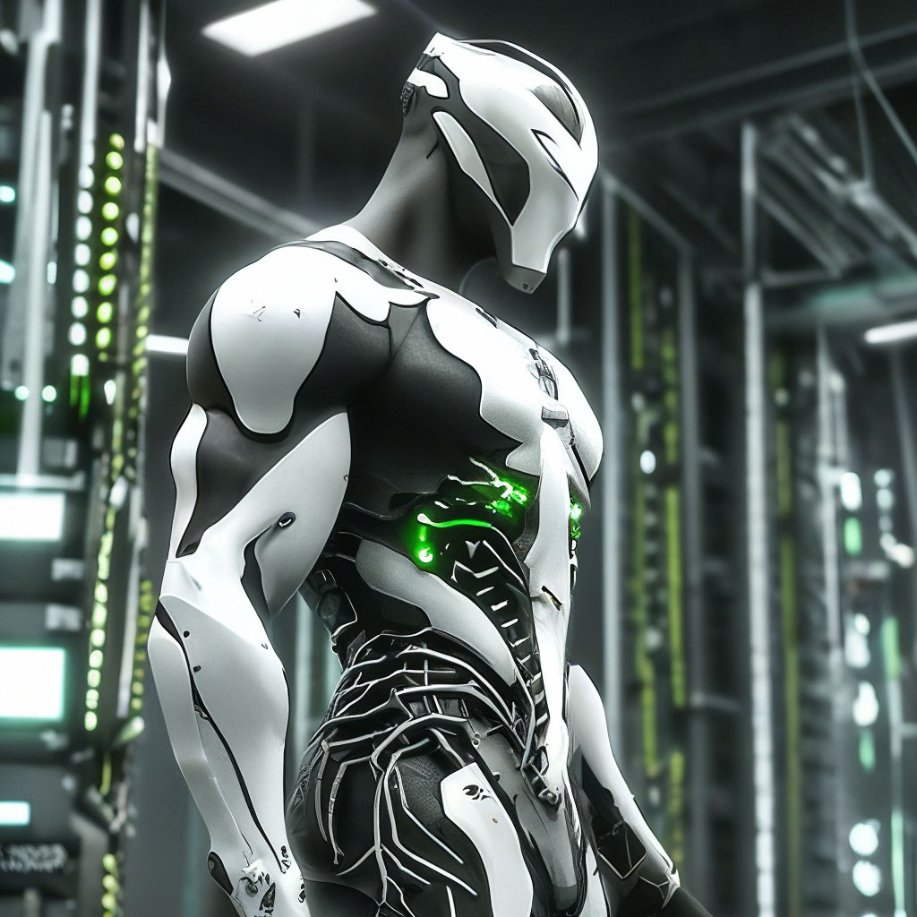 "Cyberpunk dystopia bodybuilder side view black and white wires grow ...