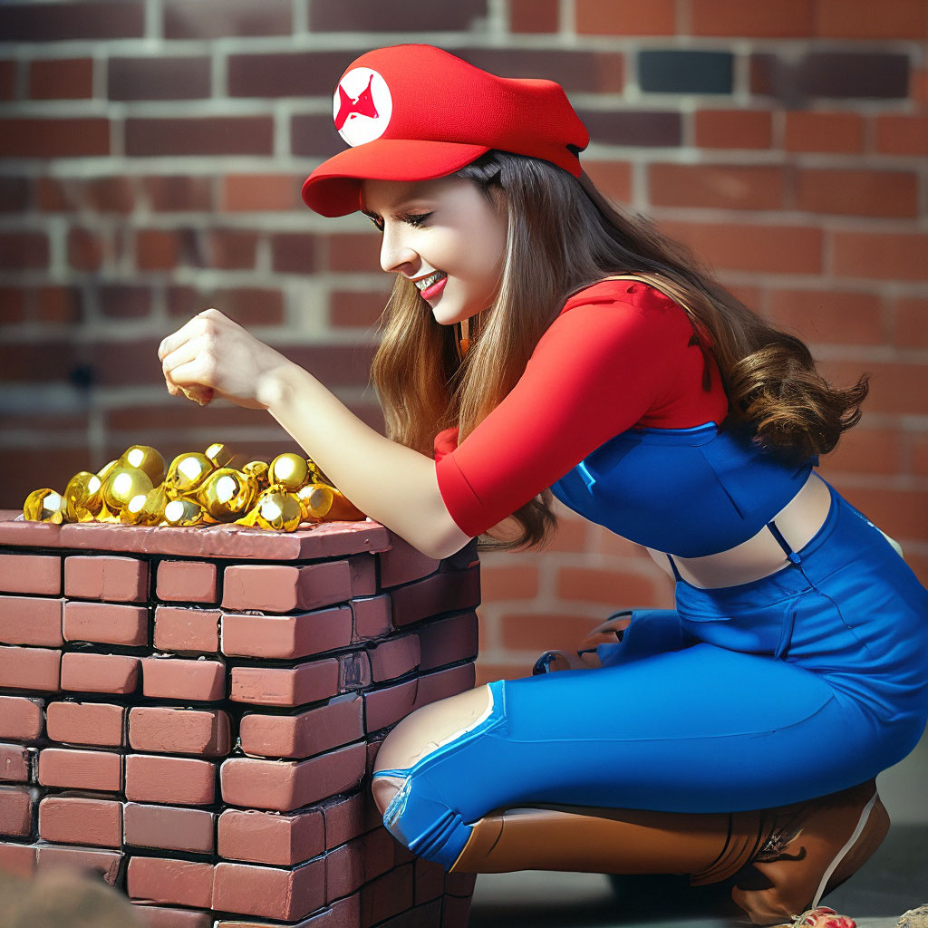 "Mario world in real life, Mario girl knocks coins out of a brick block ...
