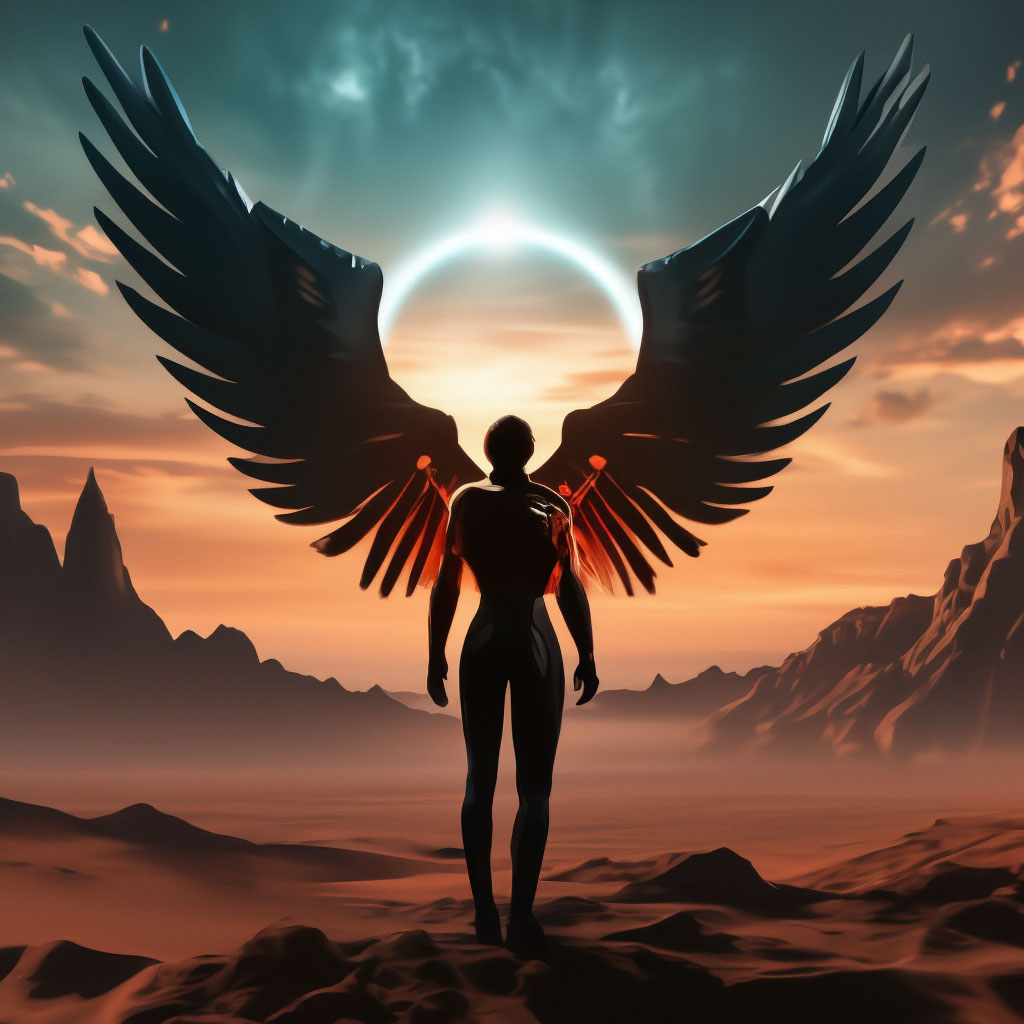 "An eclipse with neon wings on a desert planet" — image created in ...