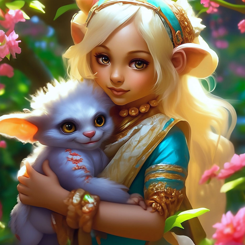 "Blonde girl-Lyudmila embraces a chibi gremlin, in traditional Indian ...