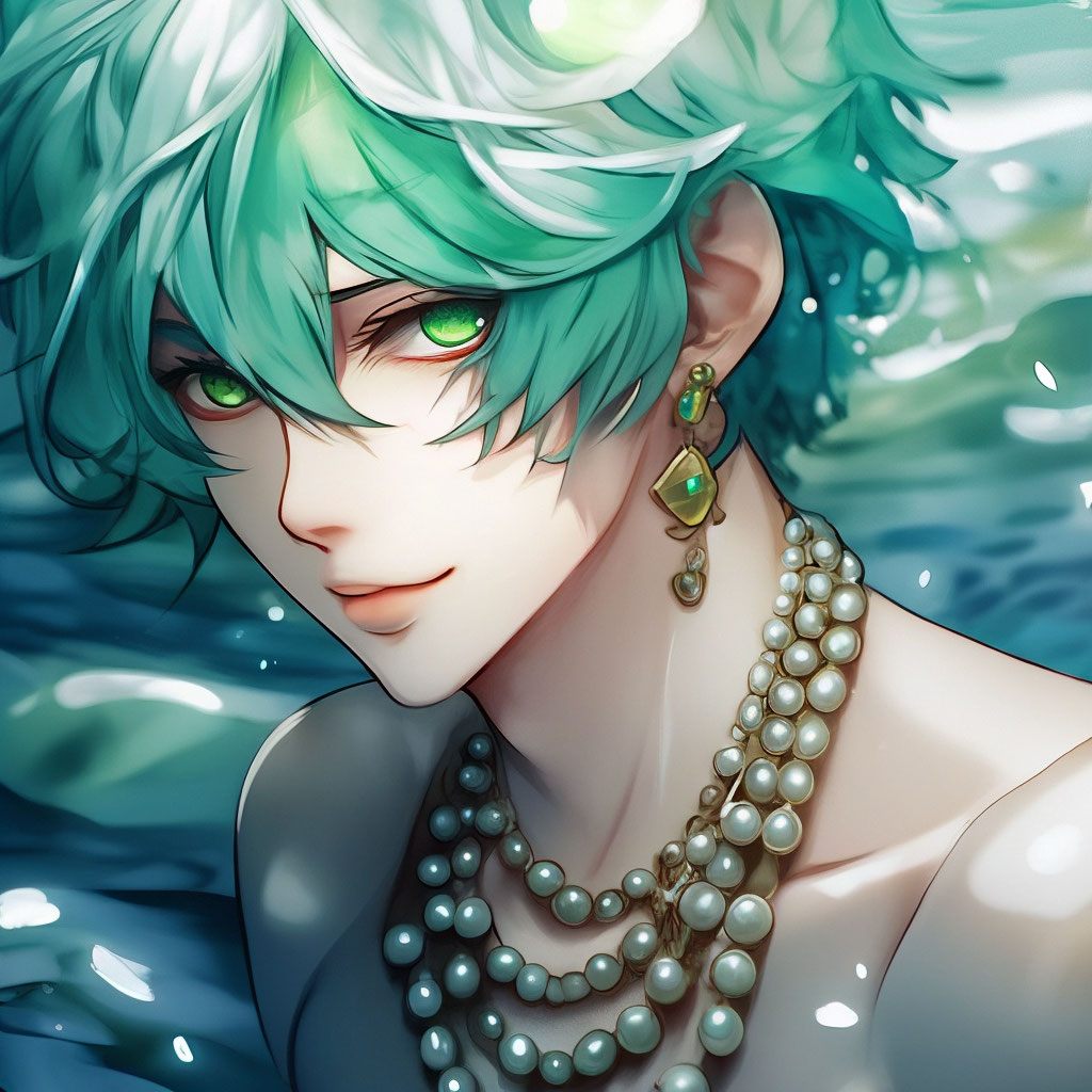 "Guy, anime, white pearls, jewelry, water, high detail, 4k, marble skin ...