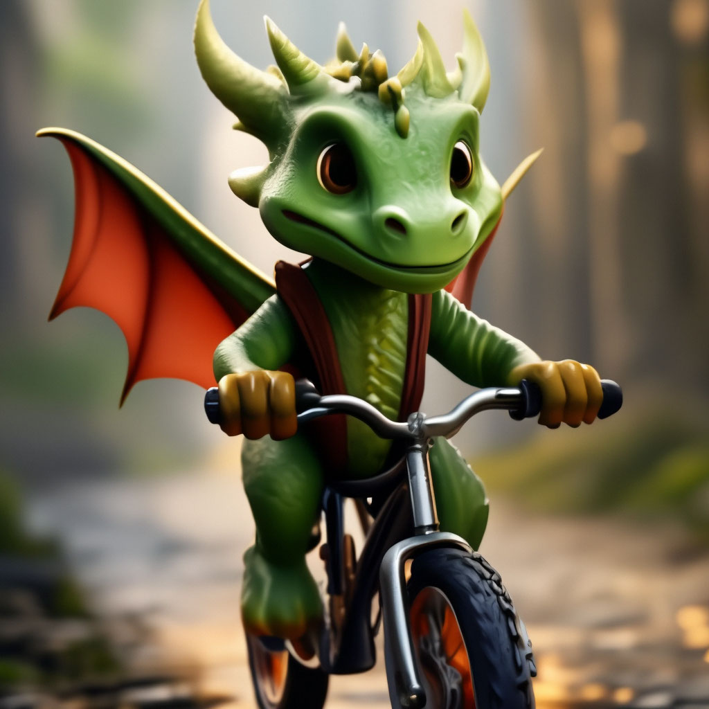"Cute dragon riding a bike" — image created in Shedevrum