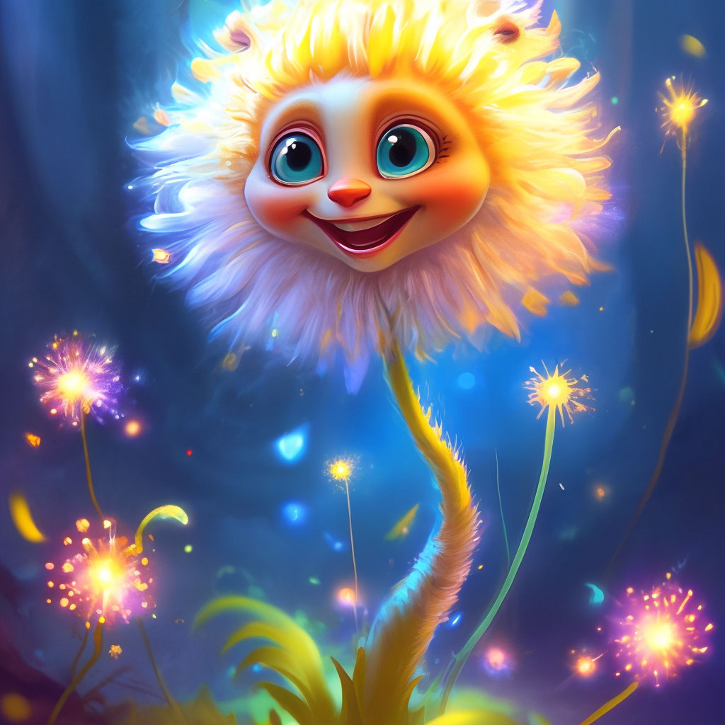 "A beautiful, anthropomorphic dandelion, a fairy-tale character, kind ...