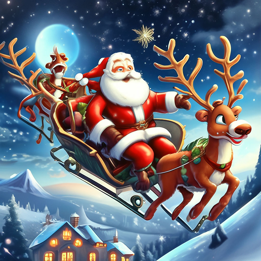"Hyperrealism cartoon cute Santa Claus is flying in a sleigh pulled by ...