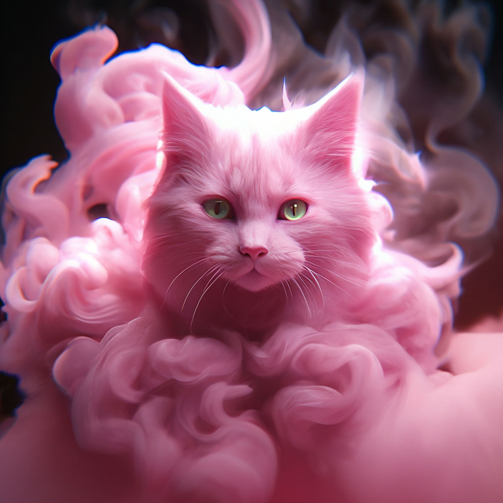 "Pink cat entity in the center of a 4d smoke cloud, swirling, inner ...