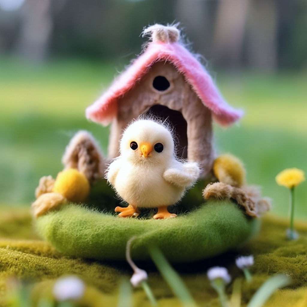 "A mimic little cute felted wool chicken is sitting in a meadow of a ...