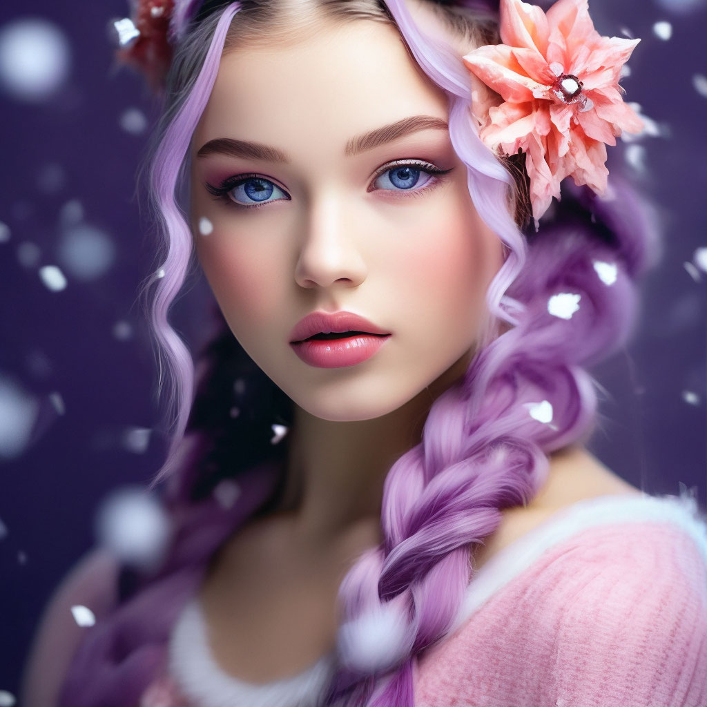 "Beautiful girl,fashion style,plump peach lips,bright purple eyes, long ...