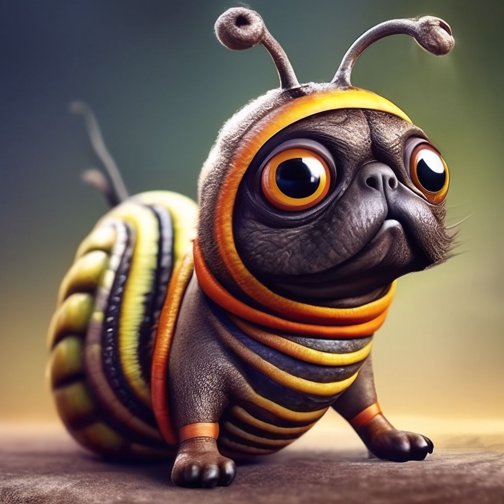 "🤍🔛 ️ Creep funny bug-eyed crazy snail pug, caterpillar body, side view ...