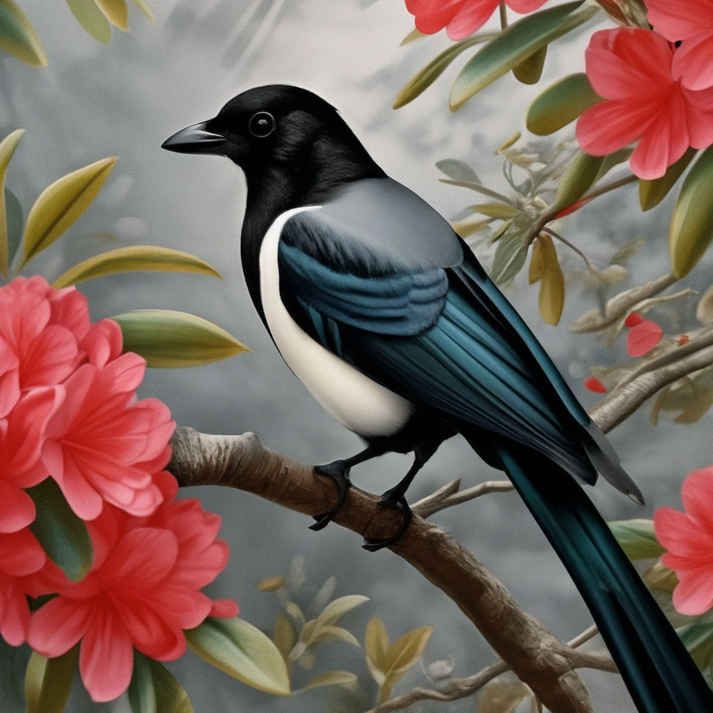 "Magpie on a branch of rhododendrons on a gray background, Gong Bi ...
