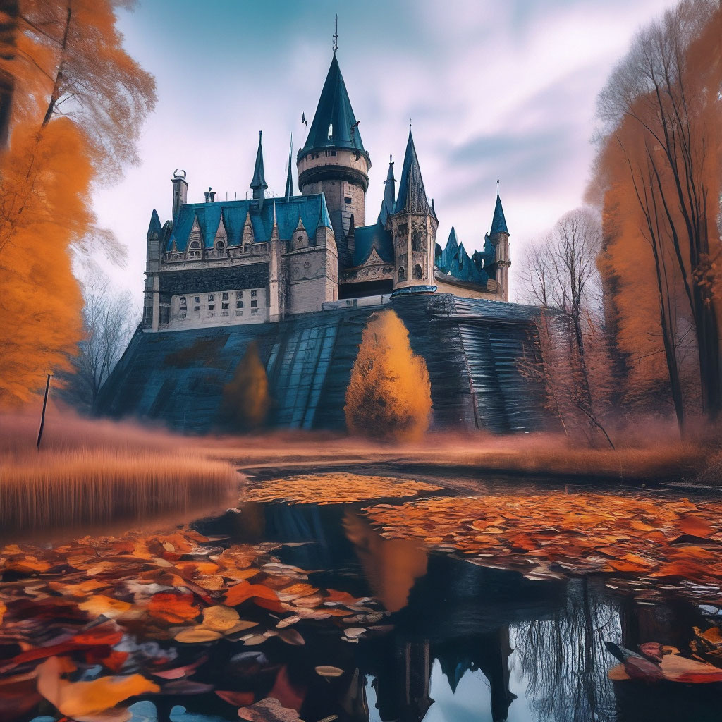 "The most beautiful autumn in winter, leaflet, swamp, gothic castle in ...