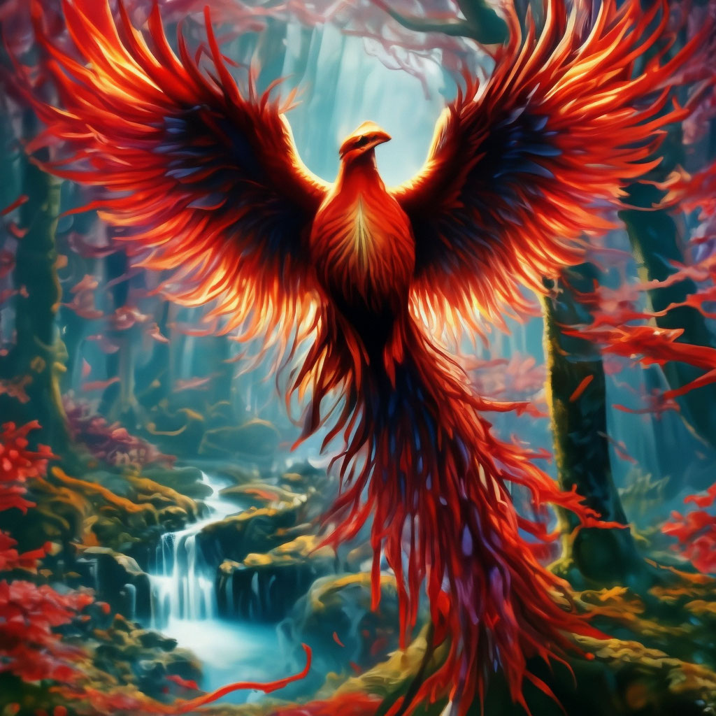 "Magical forest, utopia, bright colors, phoenix in the foreground ...