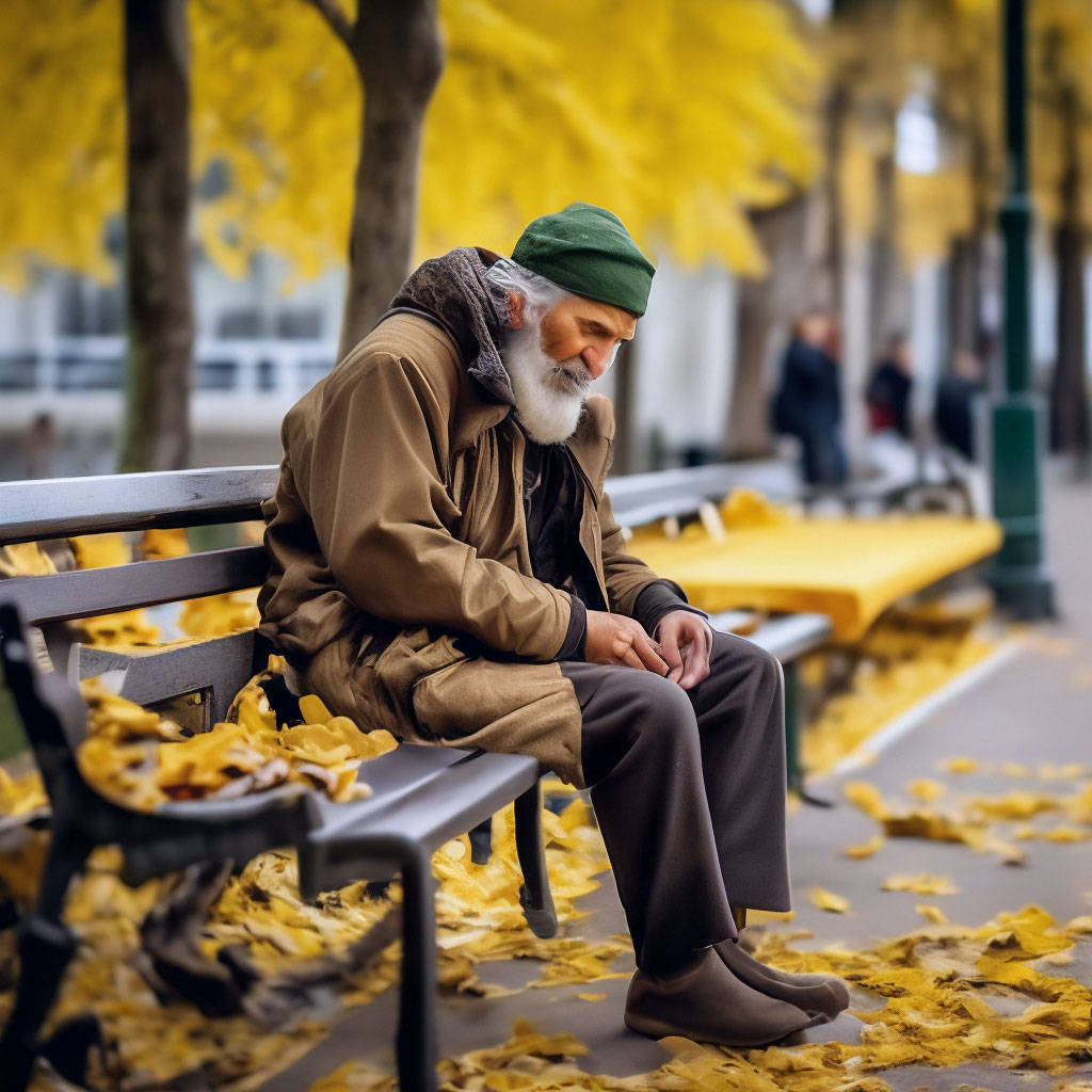 "It's late autumn, the wind is driving yellow leaves, a homeless man is ...