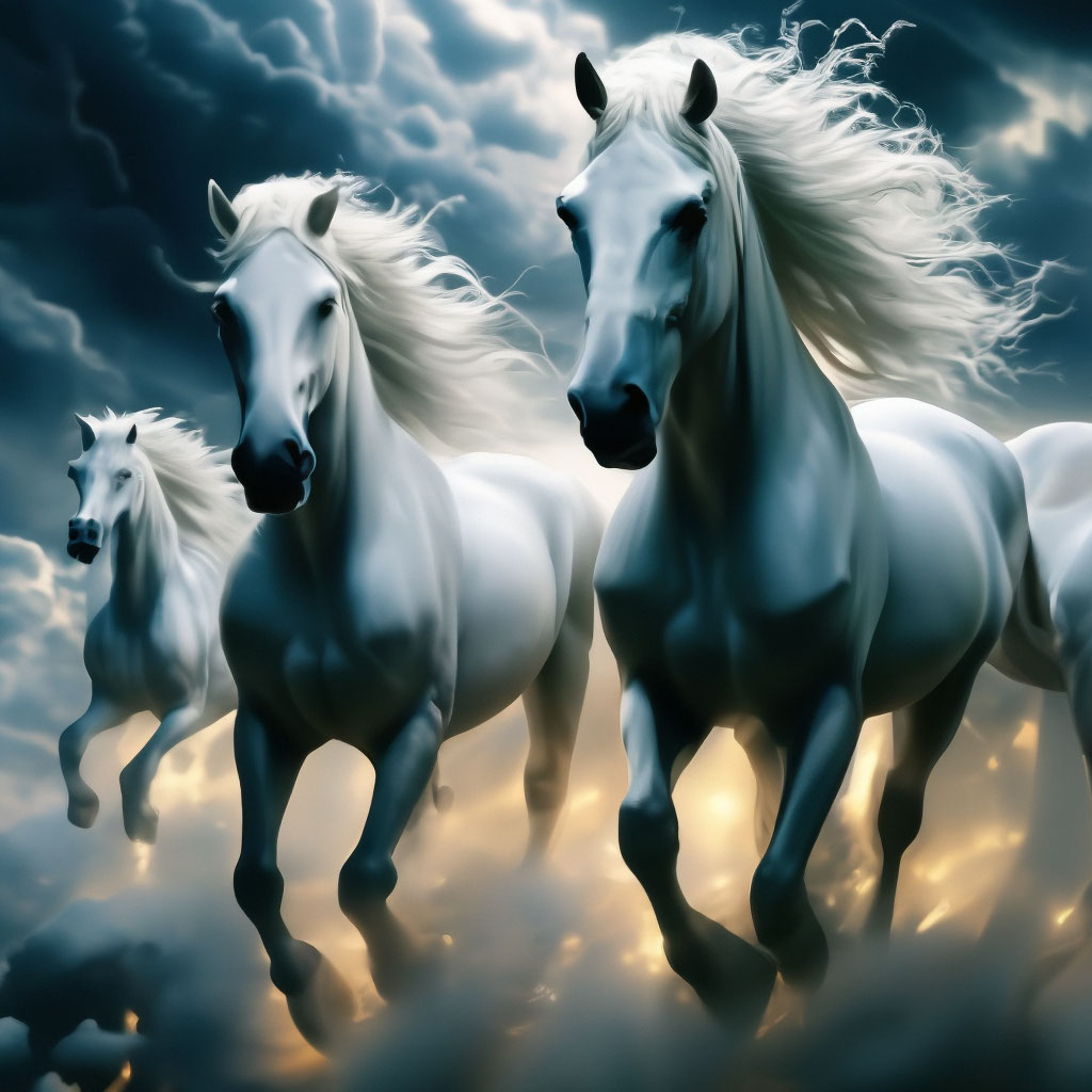 "Horses from the cloud clouds, white-maned horses" — image created in ...