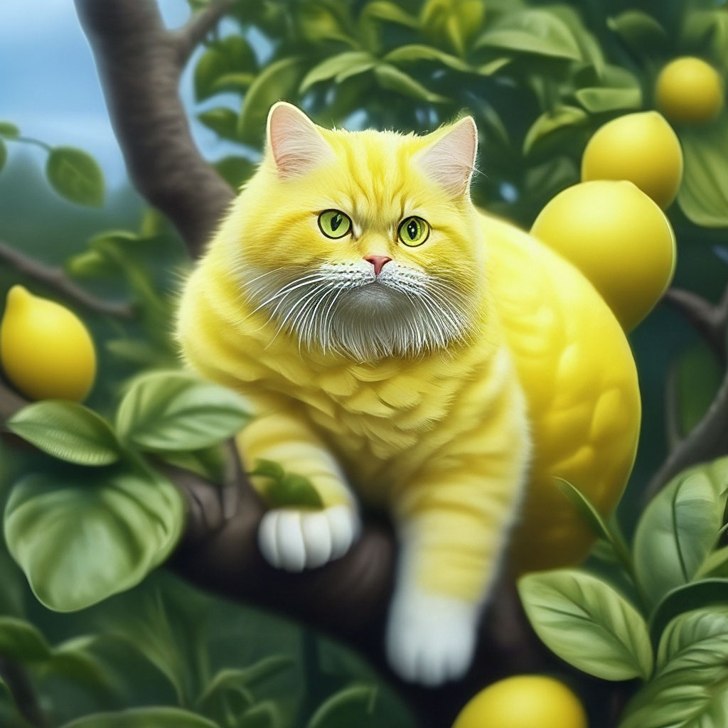 "Fat fat fluffy lemon cat in the shape of a lemon crawling on a leaf on ...