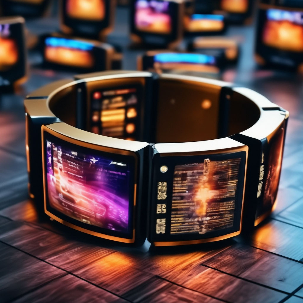 "Quantum computer, on the arm, a wide bracelet of screens in a circle ...