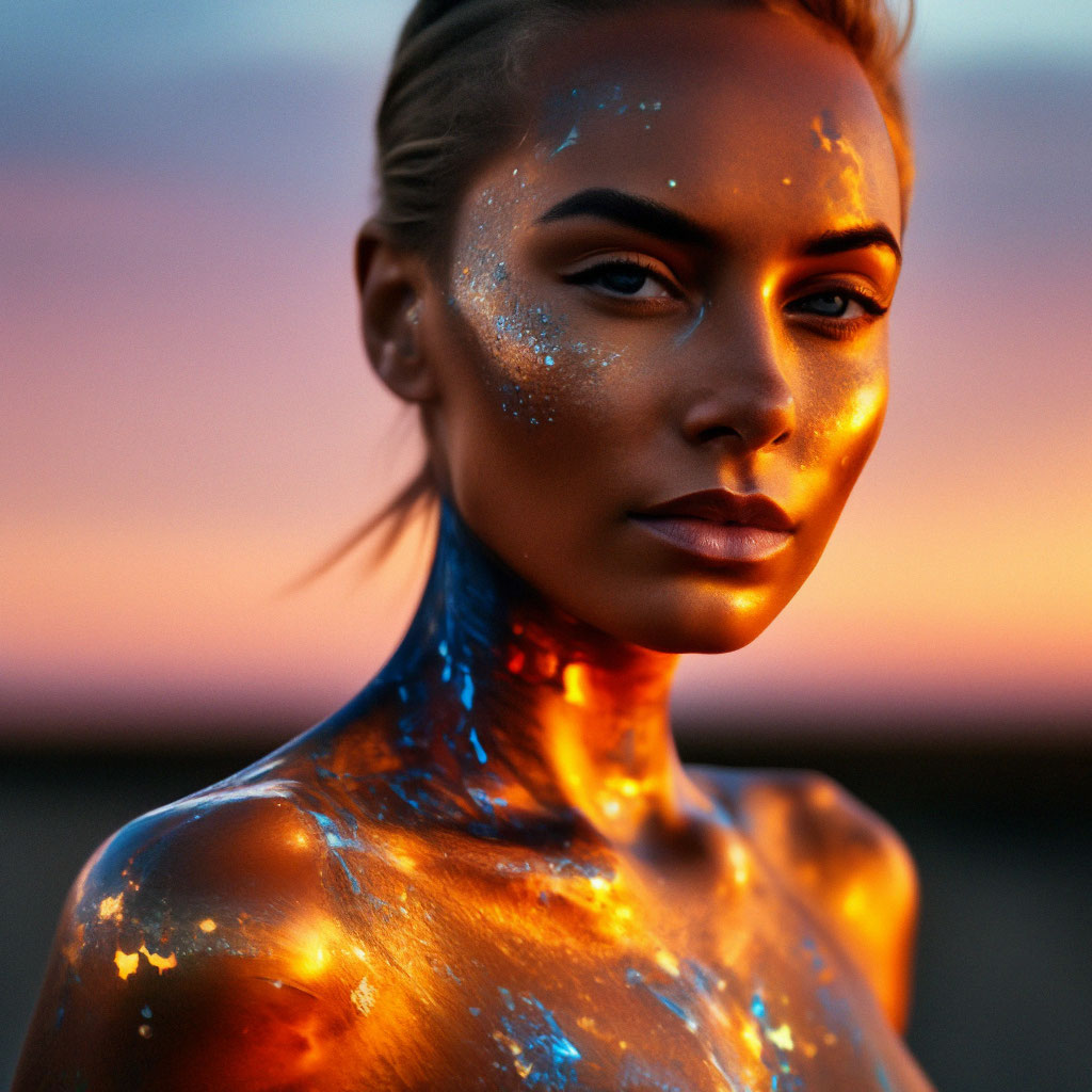 "Bodyscape with diffraction, sunset portrait on female tanned beautiful ...