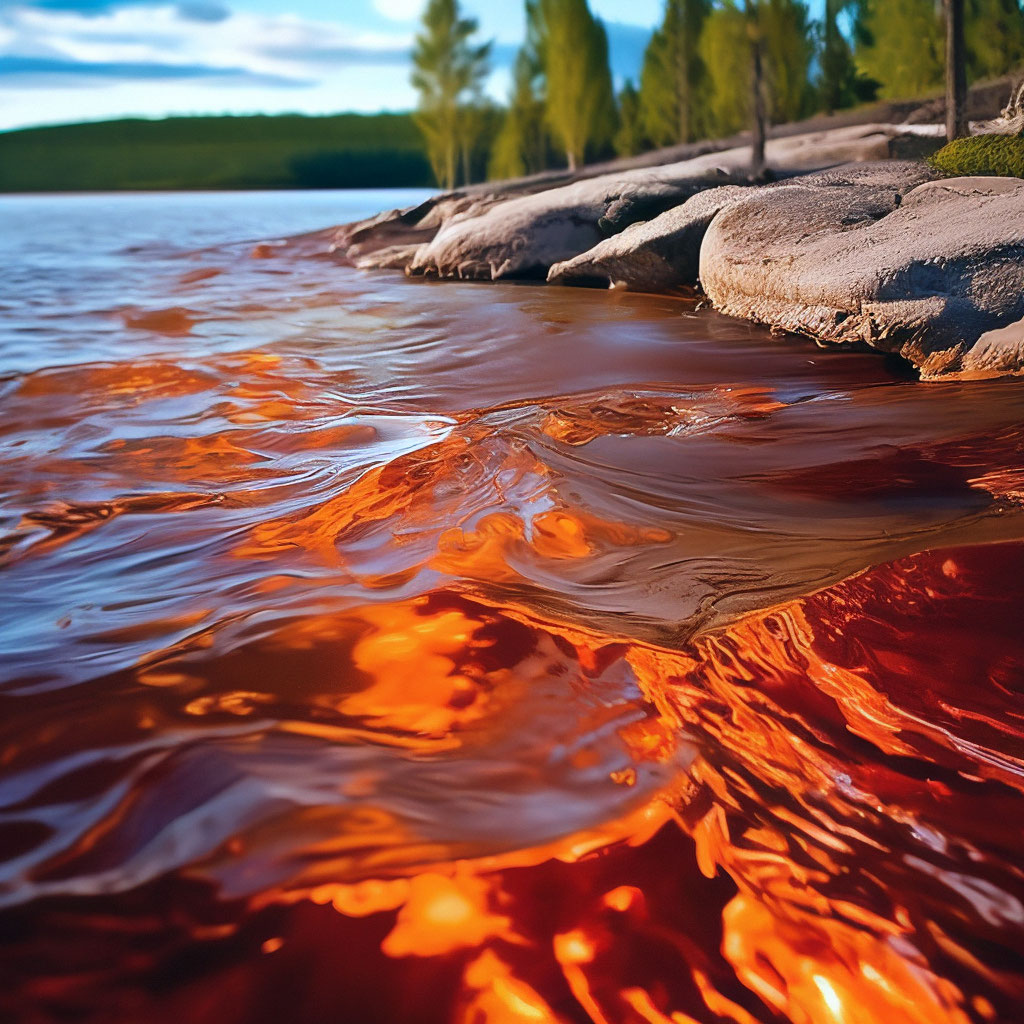 "Karelia, lake, iron deposited on underwater rocks, reflected by a red ...