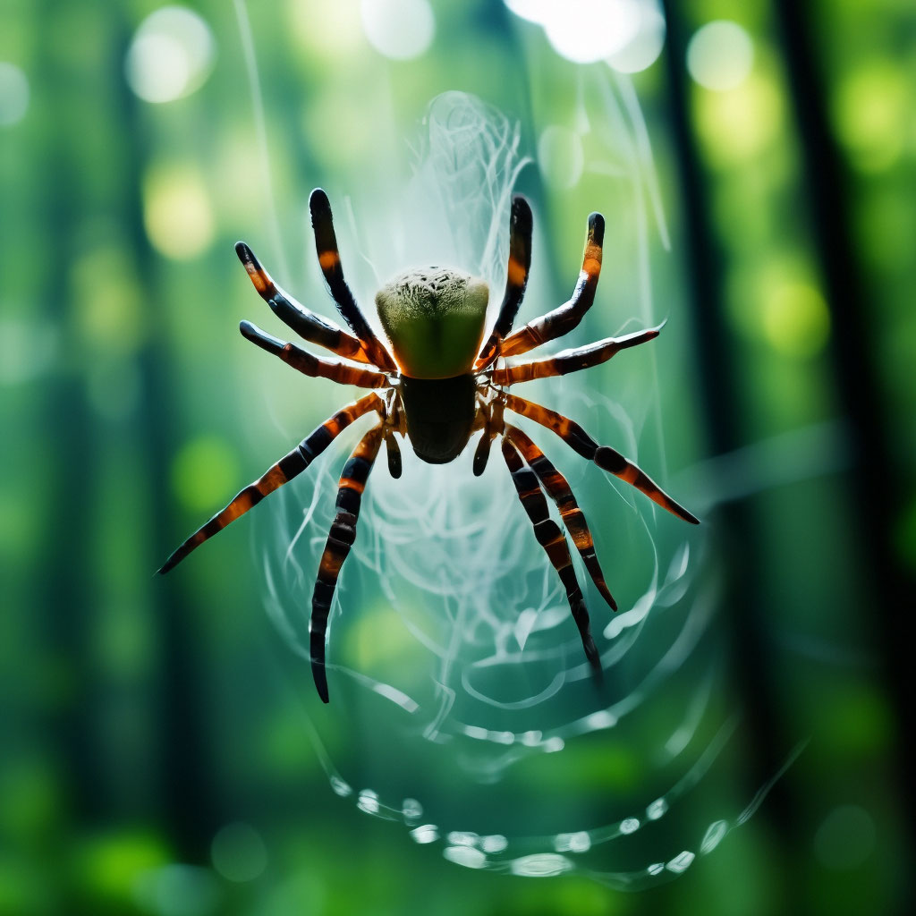 "A winged spider flies on a spider web to catch a mosquito in a green ...