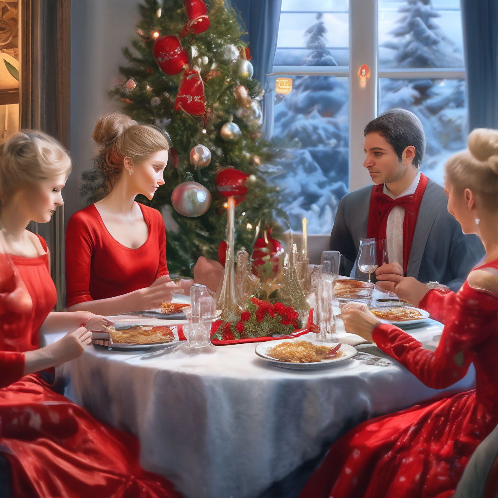 "People in beautiful red clothes are sitting at a set table, a New Year ...