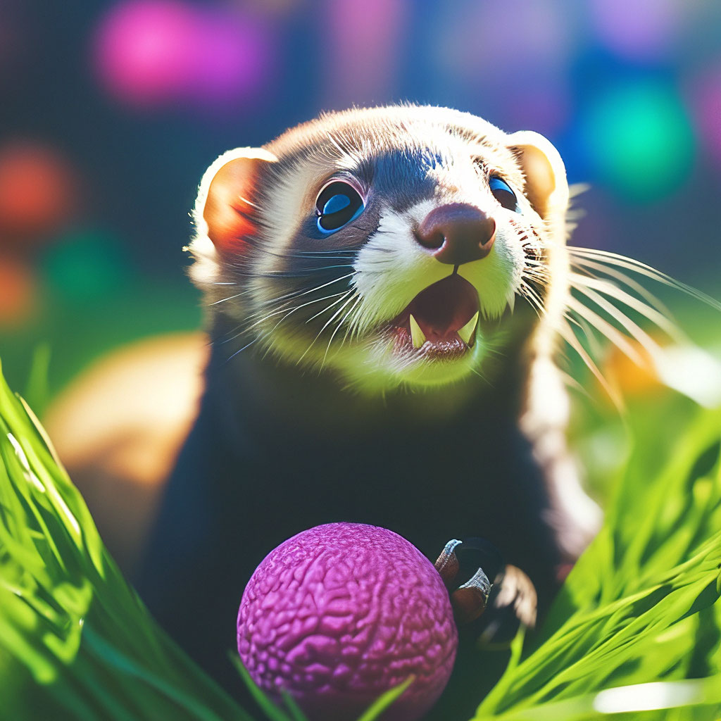 "A cheerful ferret holds a colorful ball in its paws . an angle on the ...
