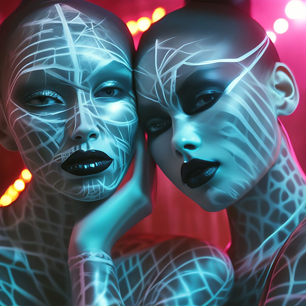 "Two models in circus makeup bent into a broken pose bronze skin lips ...