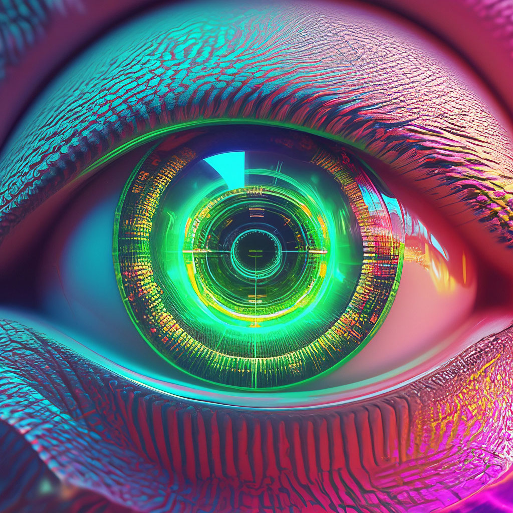 "Human eye, green shell, the universe is depicted inside the eye ...