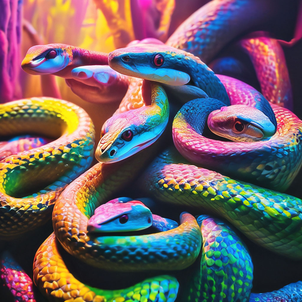 "Lots of colorful snakes, bright, dream" — image created in Shedevrum