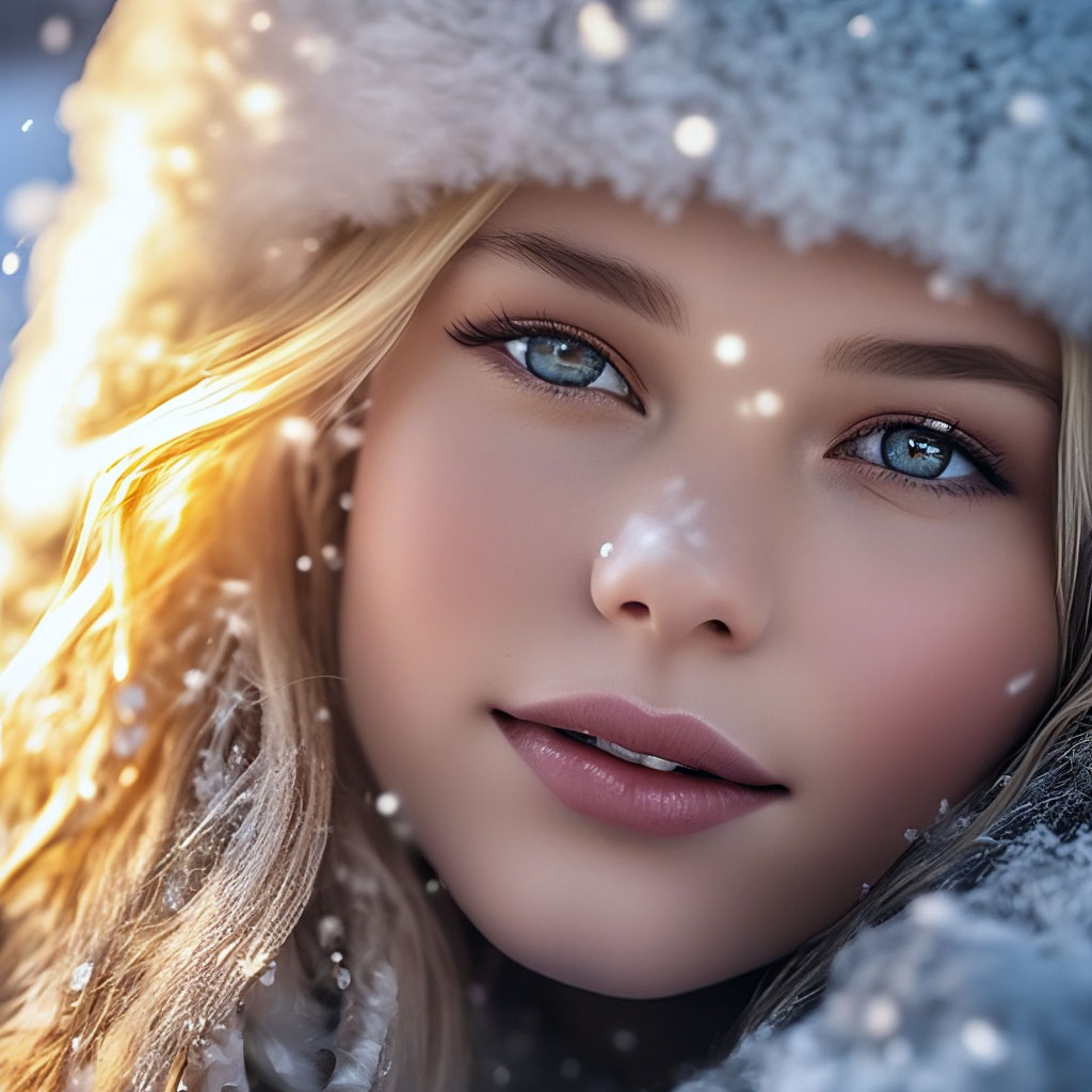 "🧶modeling, professional photo, winter, snow, magic, magic, girl, close ...