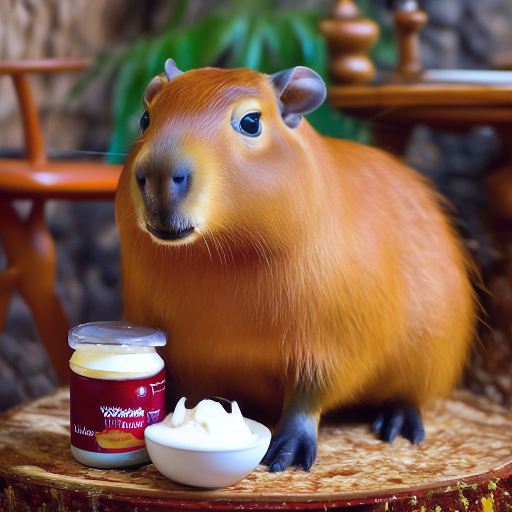 "Capybara eats condensed milk" — image created in Shedevrum