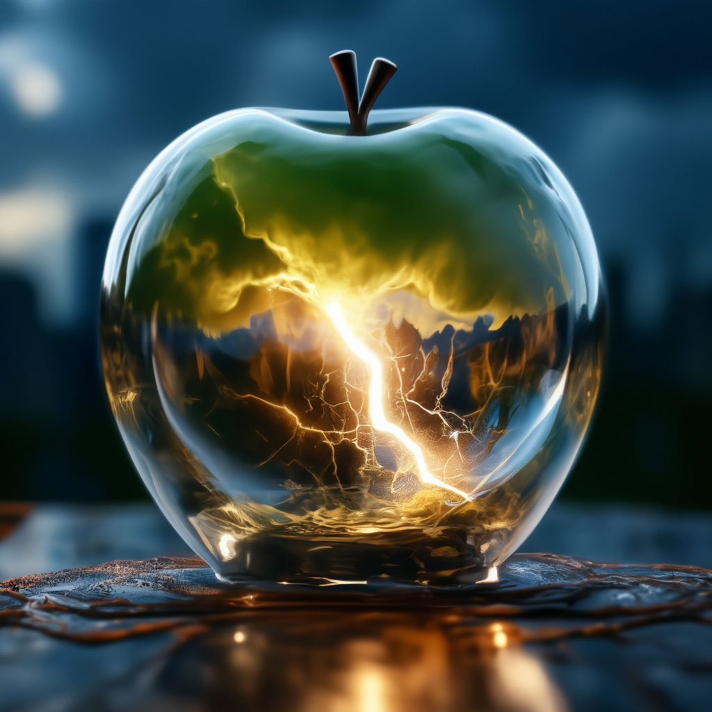 "Lightning inside a glass apple, bright, realistic, hyperrealism ...