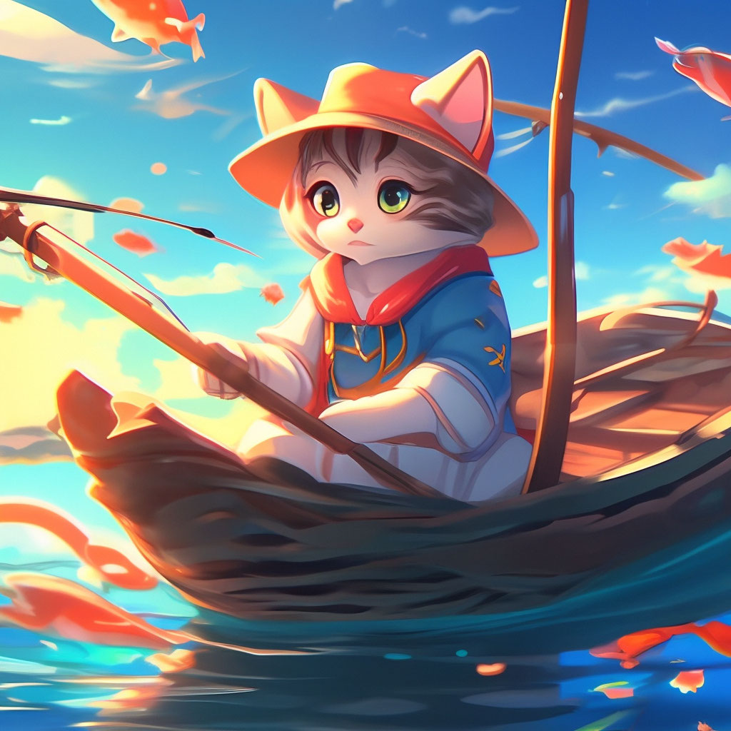 "Cat fishing , beautiful, 4k, high resolution, high detail, anime style ...