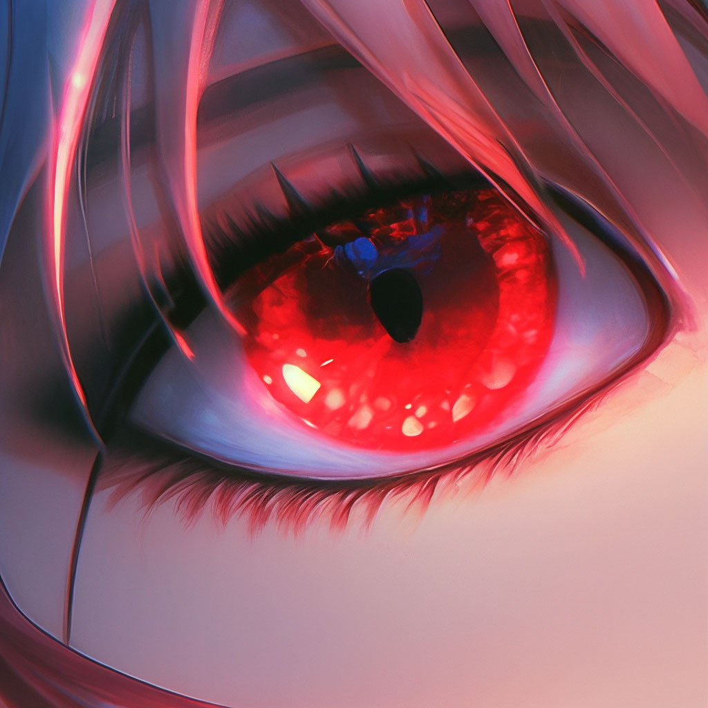"Anime style,aggressive one open red eye," — image created in Shedevrum