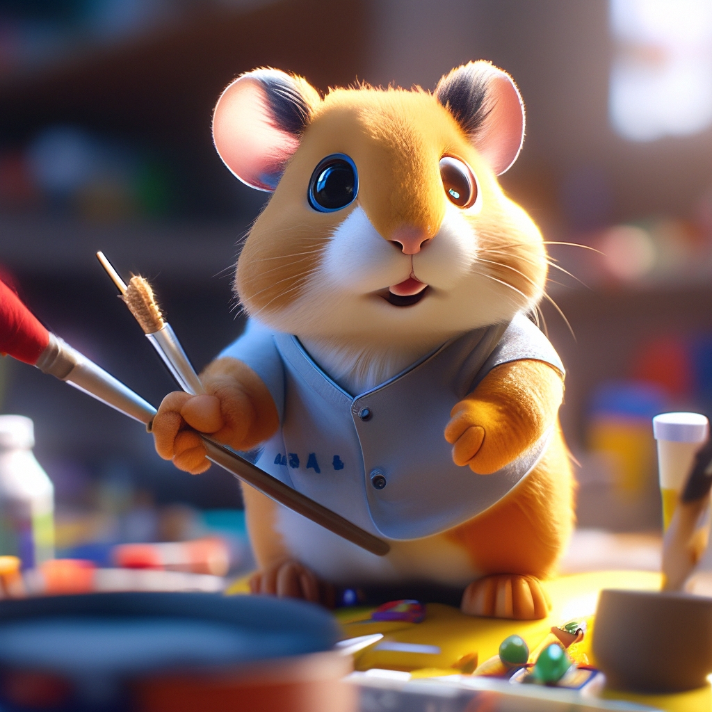 "Anthropomorphic hamster artist with brush, unusual angle, clear focus ...