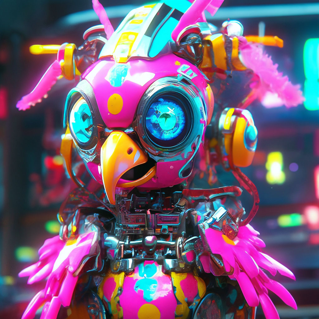 "Robot,parrot fury bright, clown grimm, varnished paint, pink blush ...