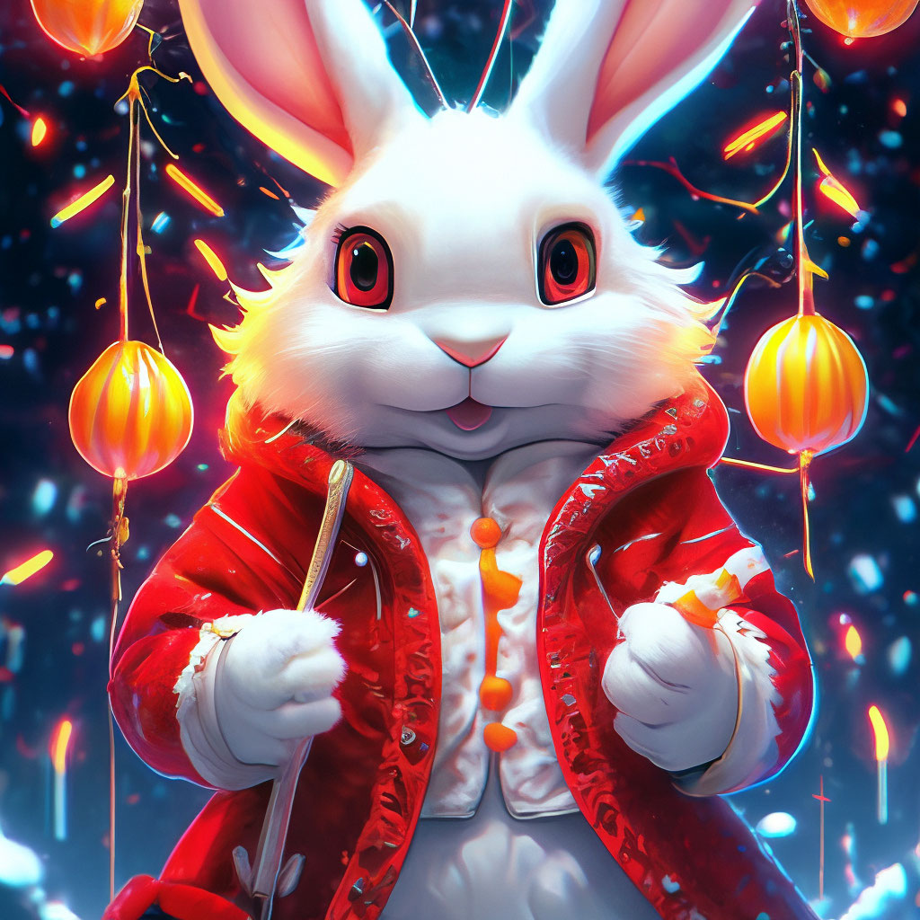 "An intricate cute white fabulous Cheshire rabbit dressed in a red ...