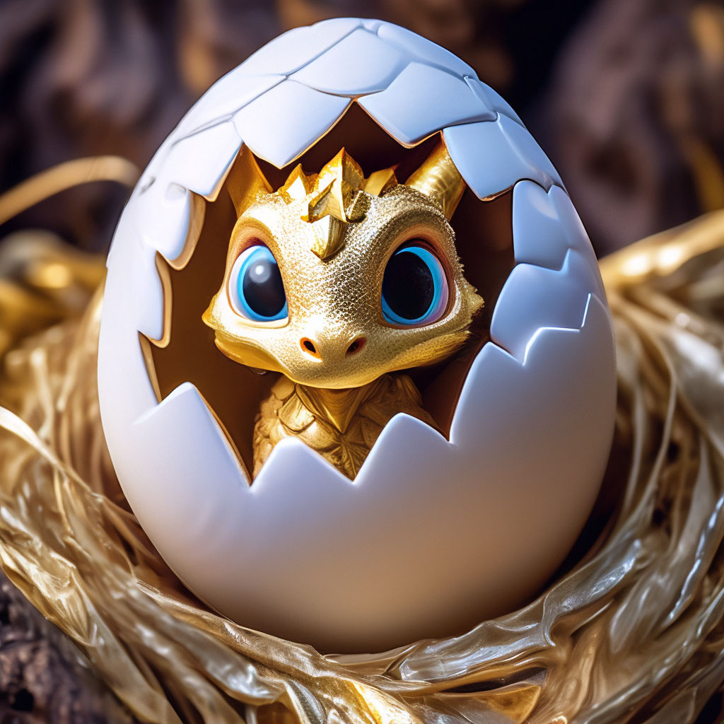 "Dragon egg, a cute little dragon with big eyes peeks out of the egg ...