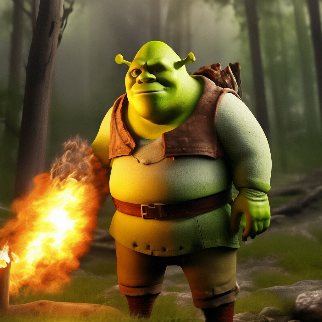 "Shrek, holding a flamethrower in his hands, walks sadly through the ...