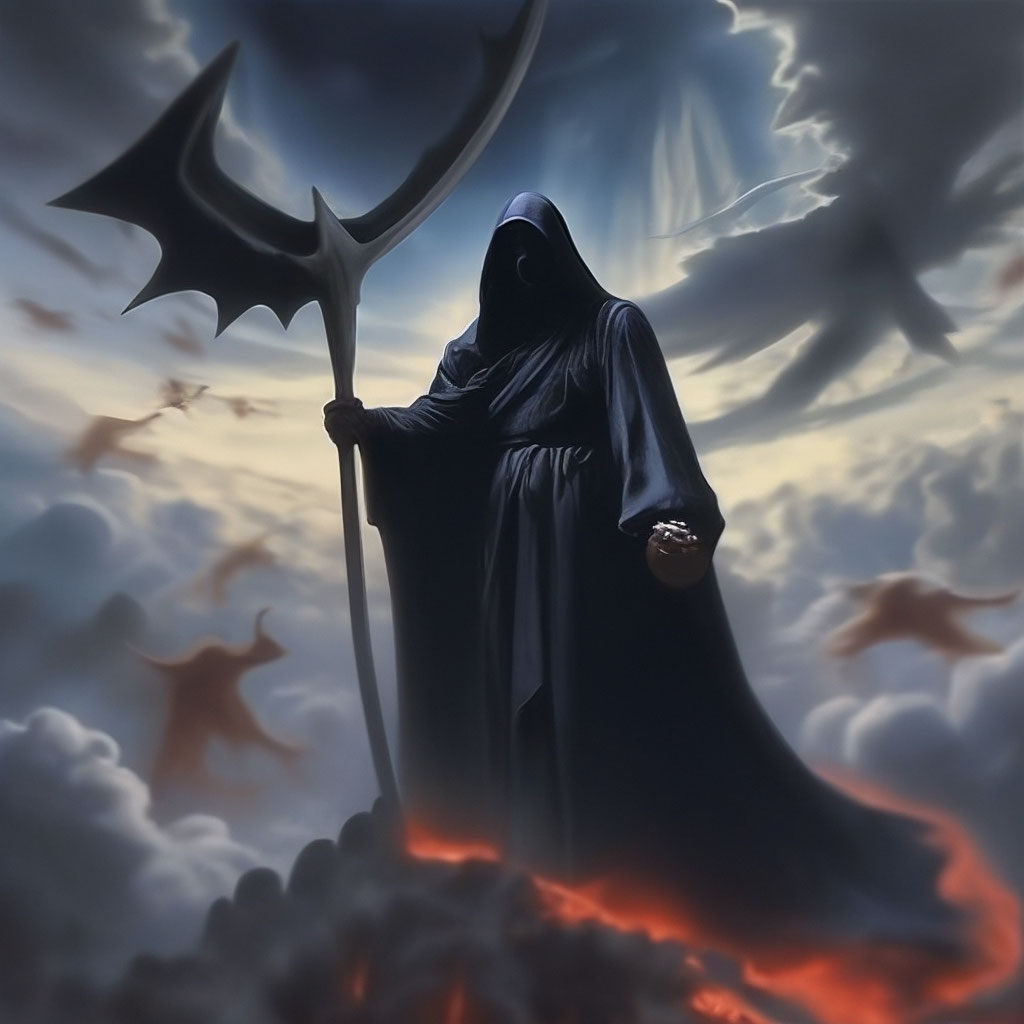 "Death in a black robe and with a scythe looks down from the sky looks ...
