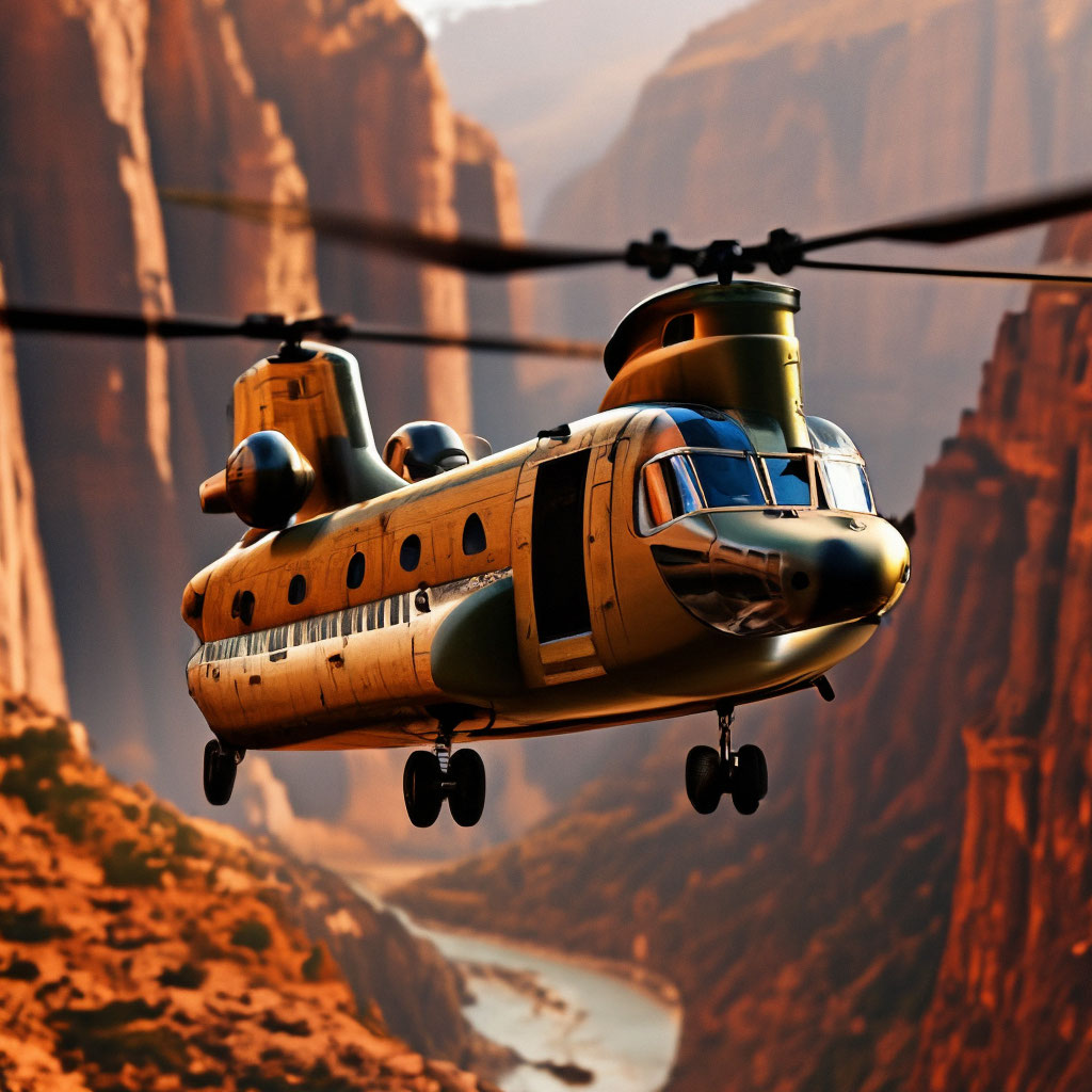 "Chinook helicopter in the canyon side view, orange shades ...
