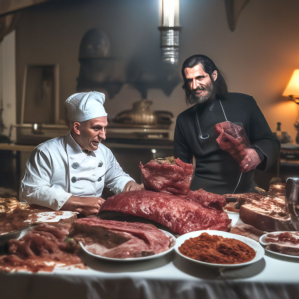 "The cook is standing at a table on which a vampire is devouring meat ...