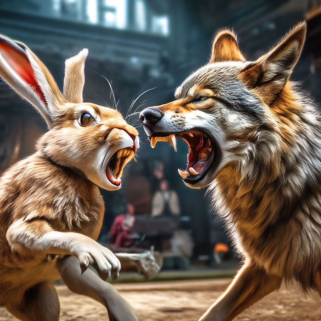 "Funny comics, kind wolf affectionate and very angry aggressive hare ...