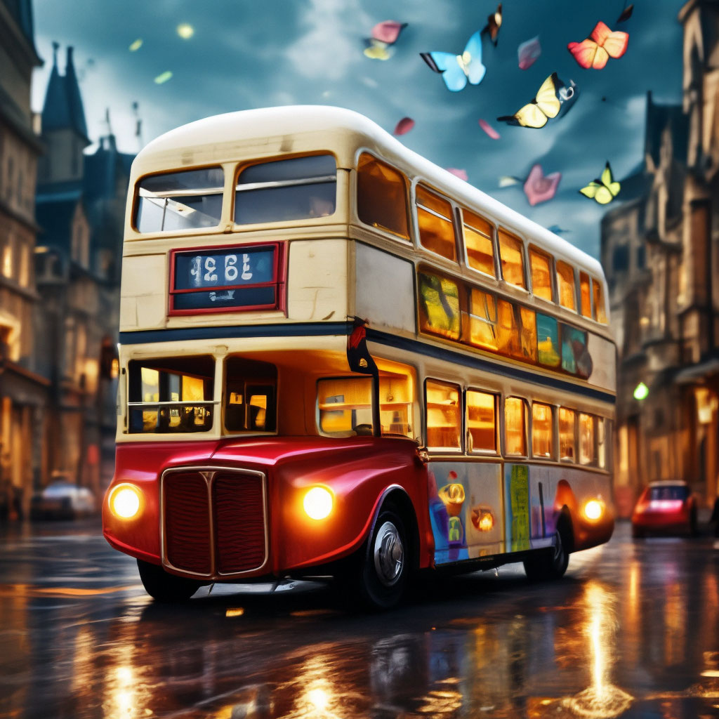 "Shedbas. a magical flying double-decker bus with butterfly wings ...