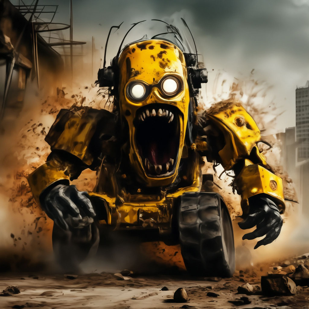 "Anthropomorphic creep animated bulldozer, fear, horror, spray, scream ...