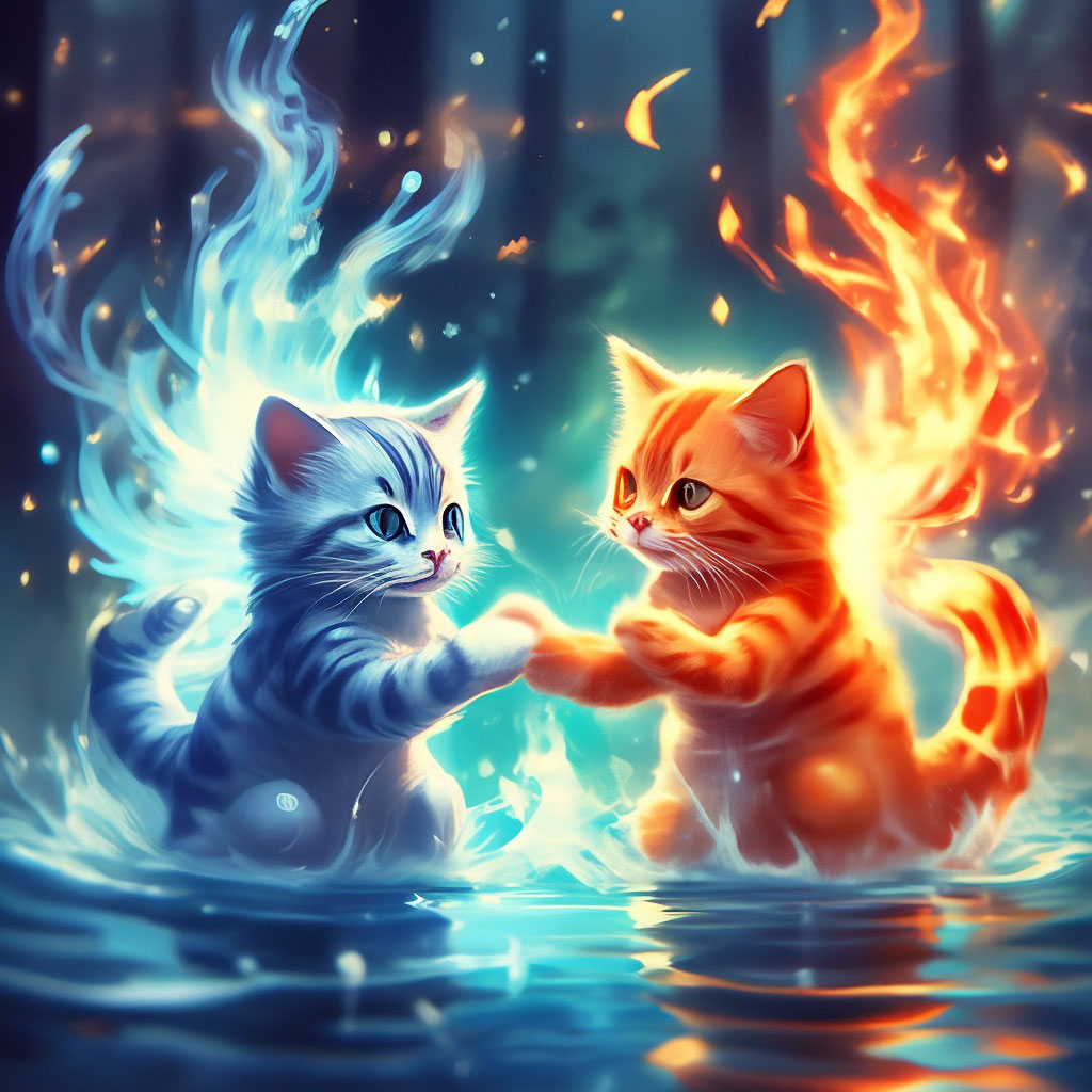 "Magic water cat and magic fire cat playing with each other" — image ...