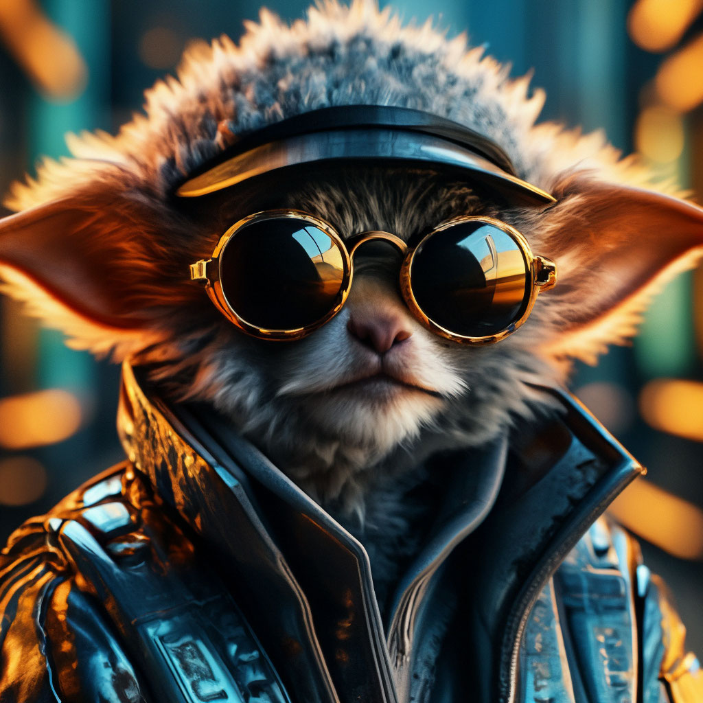 "Fluffy funny gremlin in cyberpunk style,fashionable hat, sunglasses ...