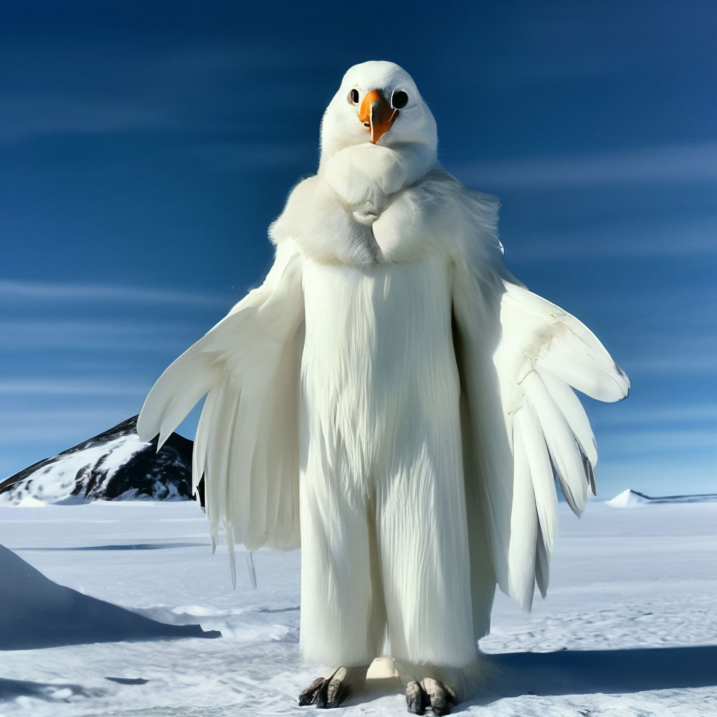 "A meme from 2027 a man in a white bird costume 4 meters Antarctica ...