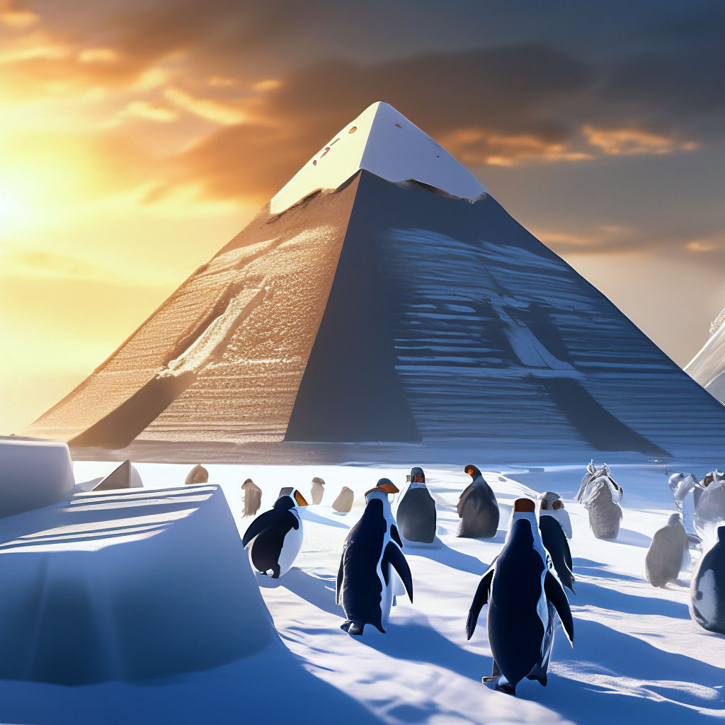 "Sphinx, egyptian pyramids, icy desert, ice blocks, hummocks, sun ...