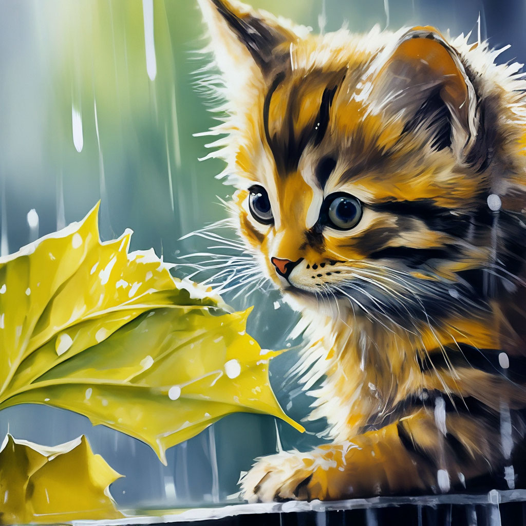 "Sketch watercolor on raw in golden bronze tones, a kitten, in the rain ...