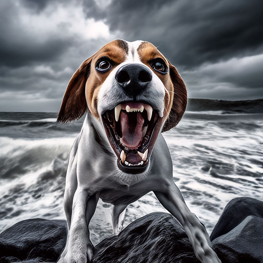 "Beagle grin wild frenzied, gothic landscape,3d,horror, waves crashing ...